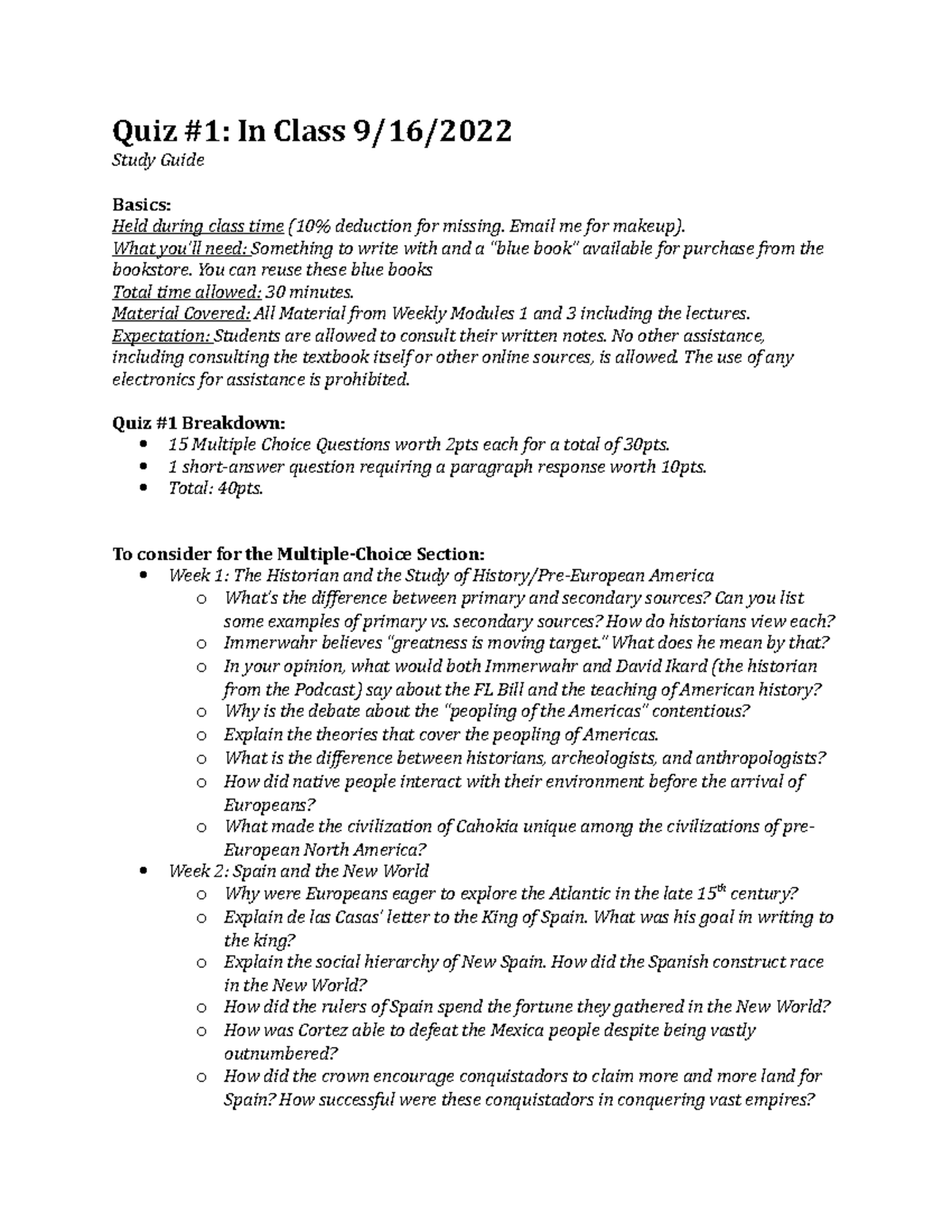 HIST 122 Fall 2022 Quiz #1 Study Guide - Quiz #1: In Class 9/16/ Study ...