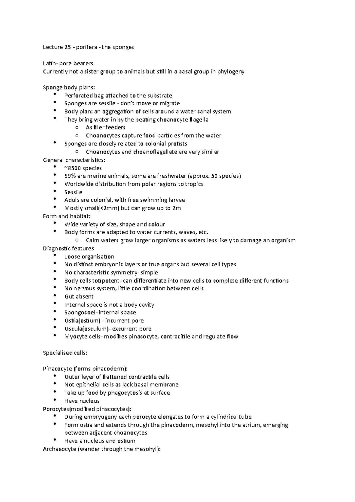 Sponges notes - Lecture 25 - porifera - the sponges Latin- pore bearers ...