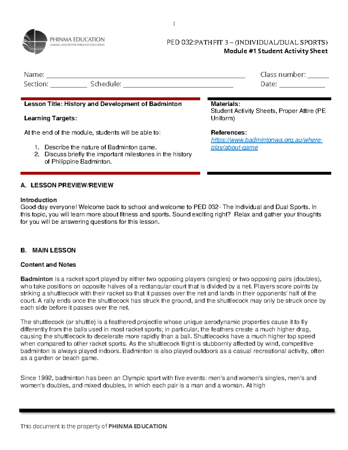 PED-032 SAS Lesson-1-1 - PED 032:PATHFIT 3 – (INDIVIDUAL/DUAL SPORTS) Module # 1 Student ...