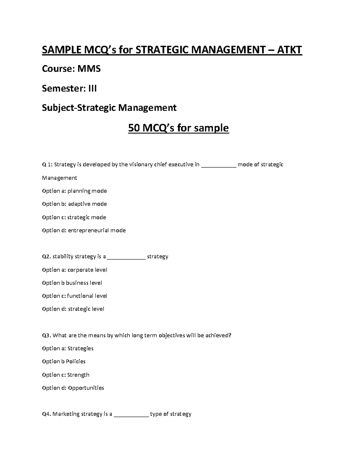 50 MCQs Sample for Strategic Management Mmsiii - SAMPLE MCQ’s for ...