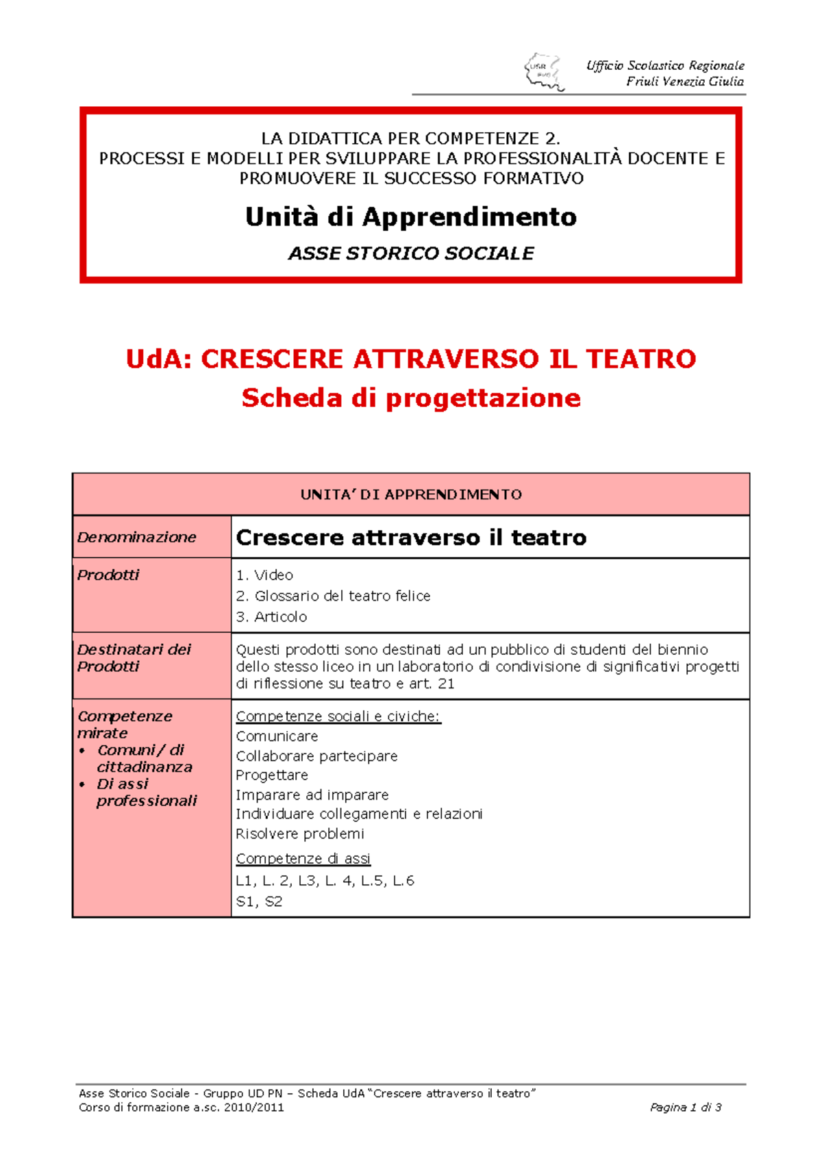 Scheda Ud Ateatro - Esempio di progettazione uda - Ufficio Scolastico Regionale Friuli Venezia ...