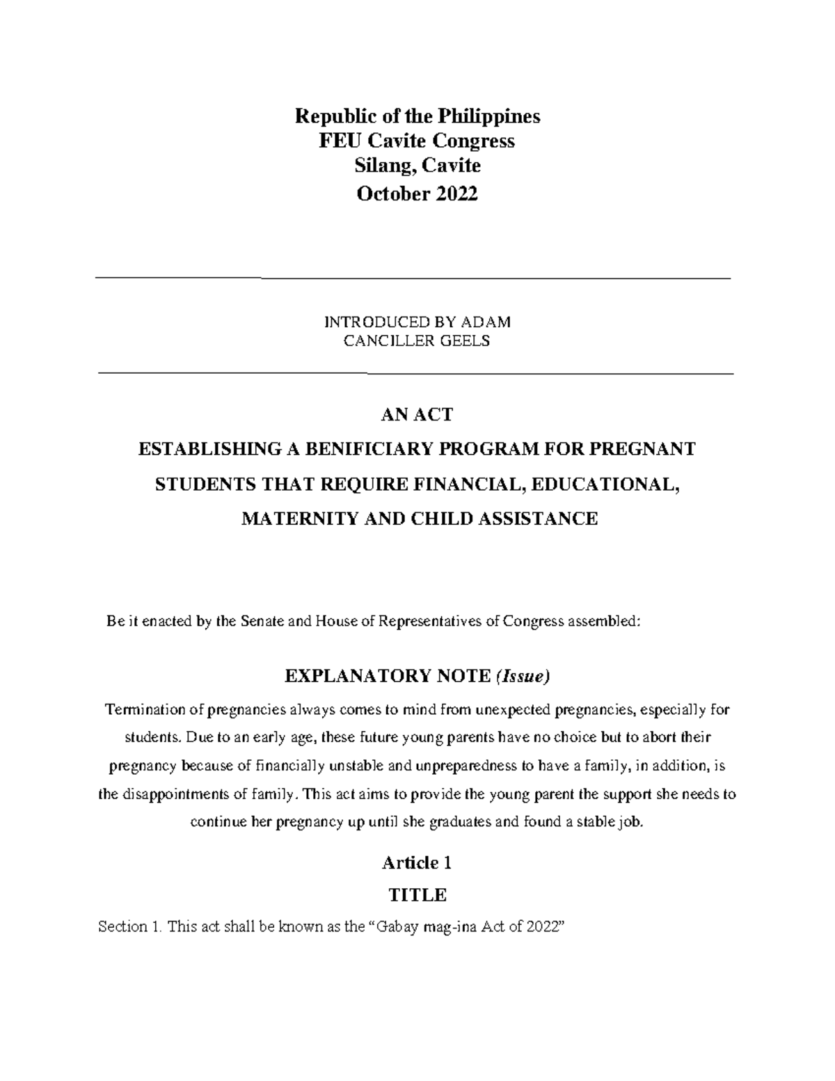 Gabay Mag-ina act of 2022 - INTRODUCED BY ADAM CANCILLER GEELS AN ACT ...