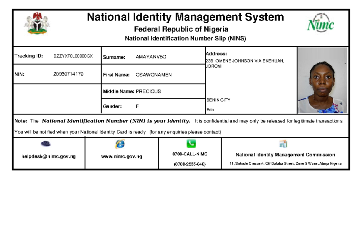 Precious - National Identification Number Slip (NINS) National Identity ...