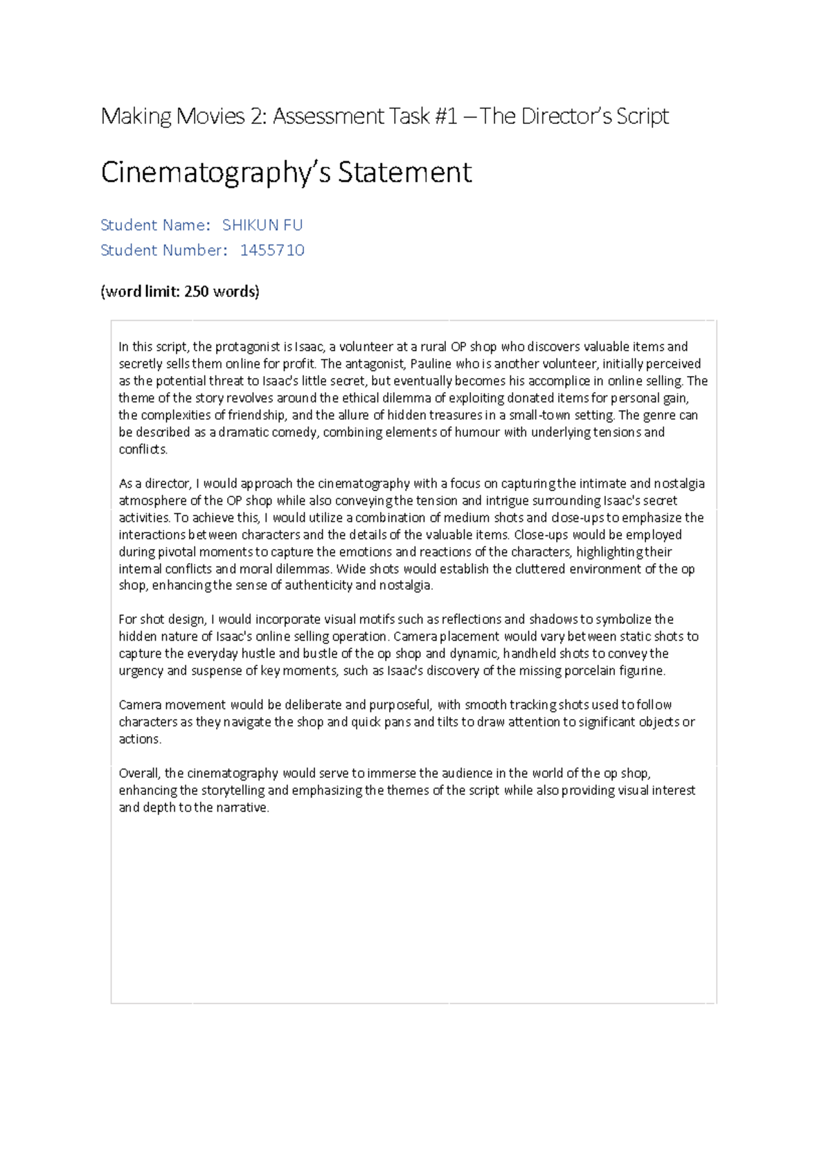 MM2 Cinematography Statement Template-1 - Making Movies 2: Assessment ...