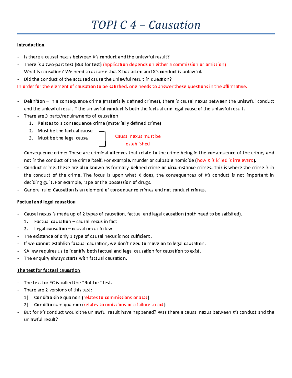 Topic 4 Causation Contains Lecture Notes And Case Summaries Topi C 4 Causation