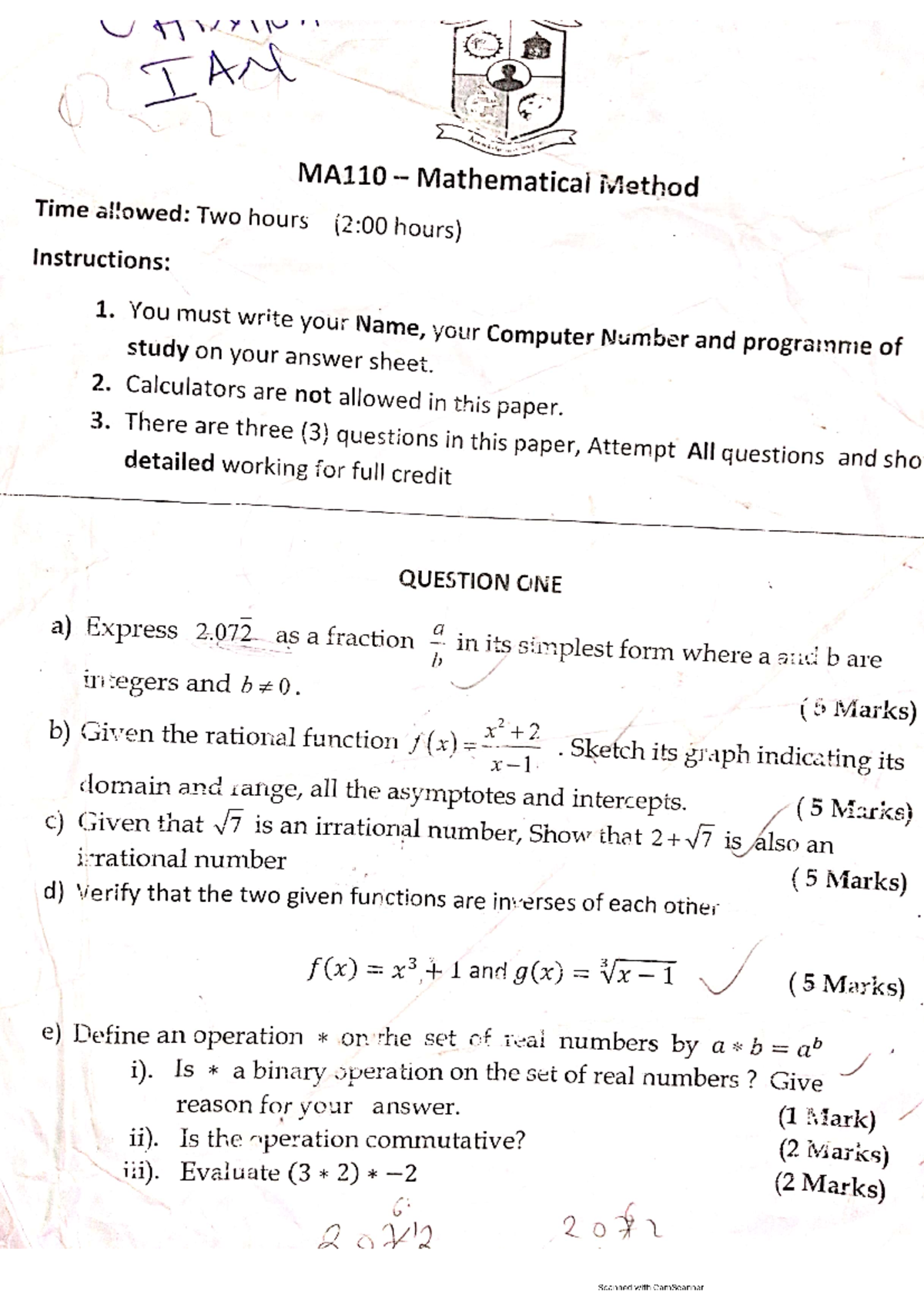 Cbu math 1 paper - Foundation mathematics test - Natural sciences - Studocu