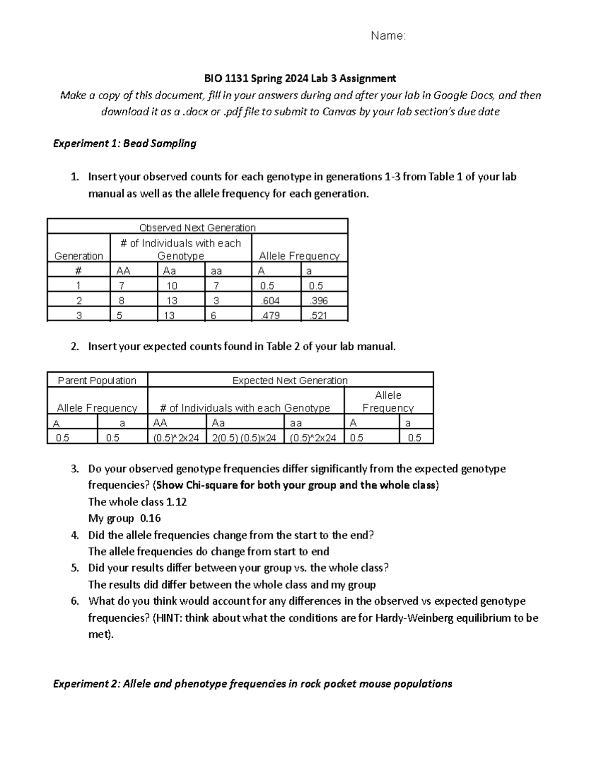 Copy of Lab 3 Population Genetics SP24 Worksheet - BIO 1131 Spring 2024 ...