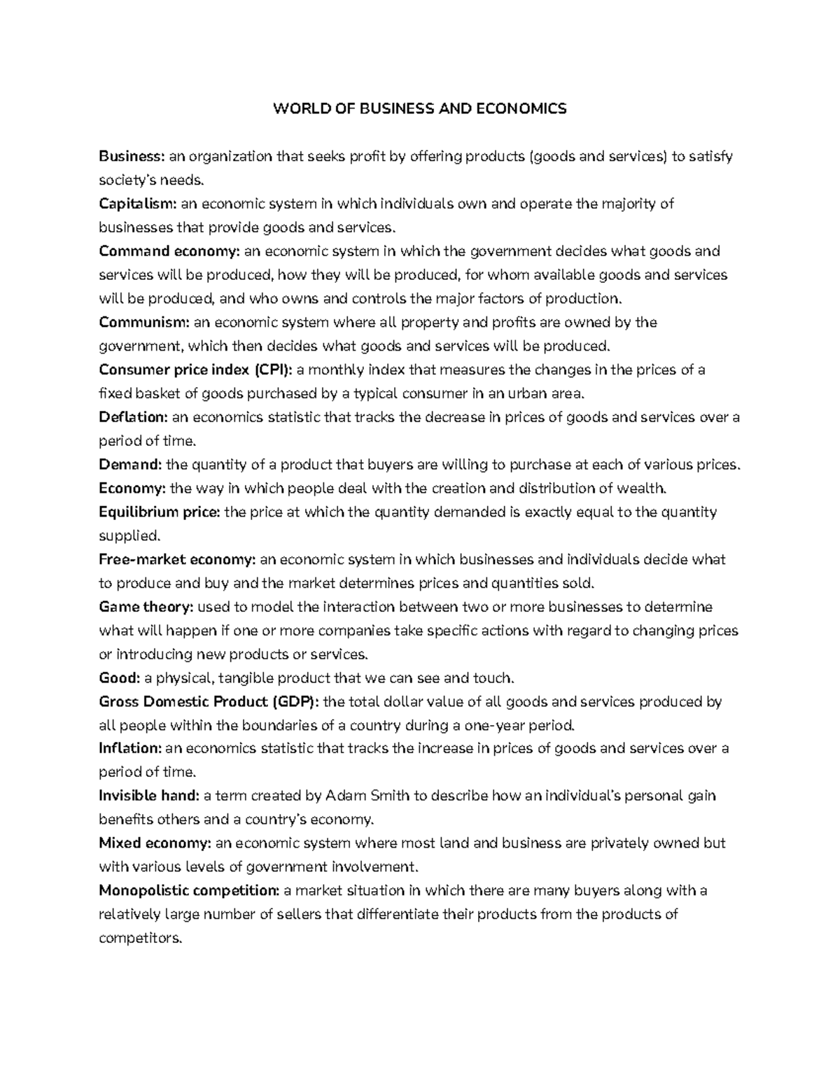 Week 1 - World of business and economics - key terms and lesson summary ...