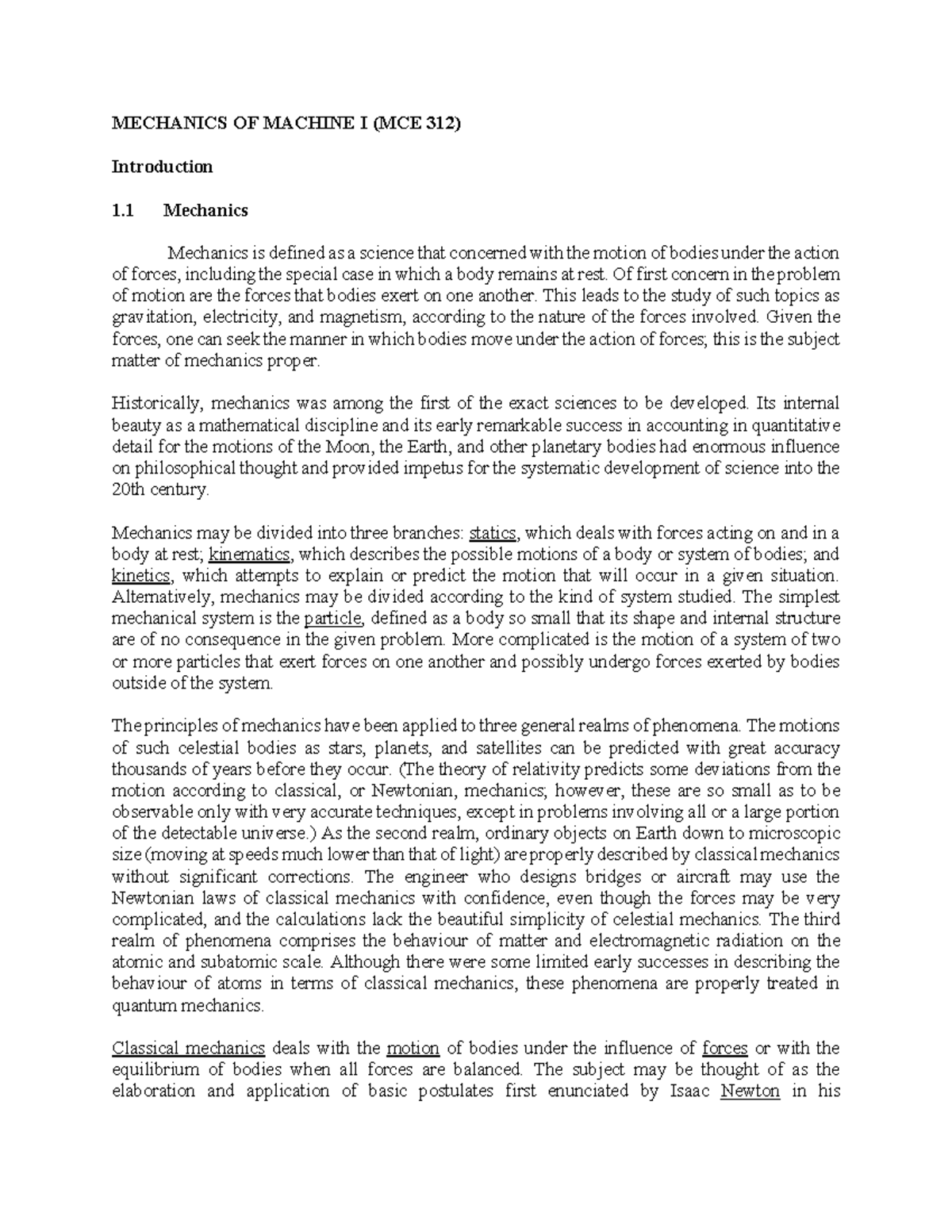 MCE312 - Mechanics OF Machine I (Module 1) - MECHANICS OF MACHINE I ...