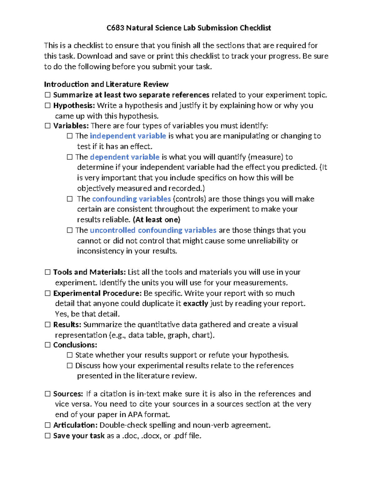 C683 natural science lab task checklist - C683 Natural Science Lab ...