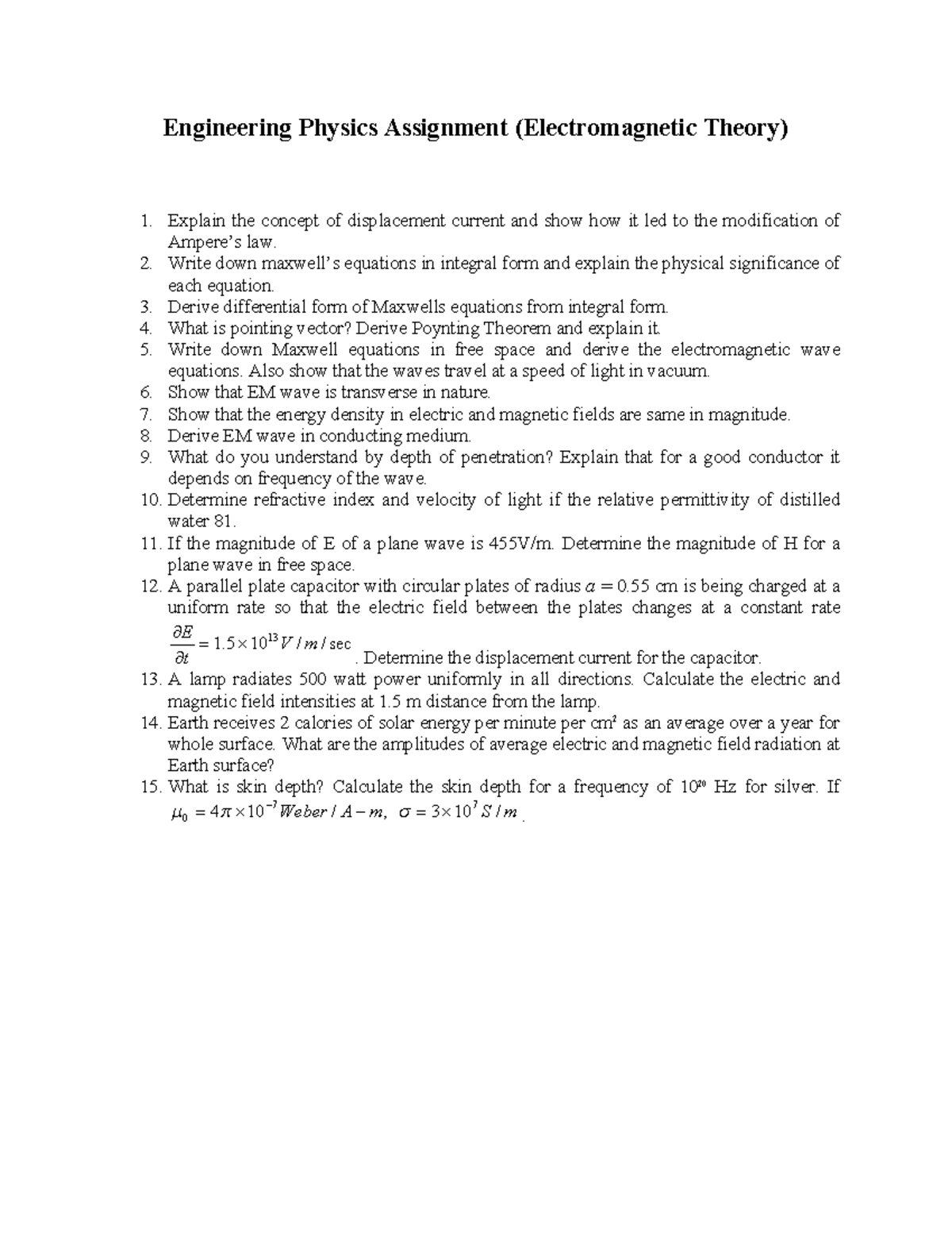 Emft Questions - Engineering Physics Assignment (Electromagnetic Theory) Explain the concept of ...