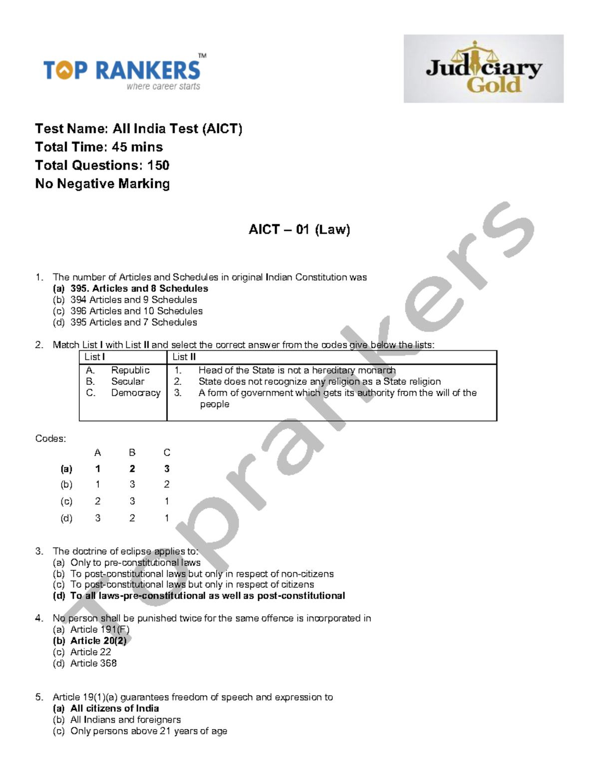 Judiciary Exam paper 2 - Test Name: All India Test (AICT) Total Time ...