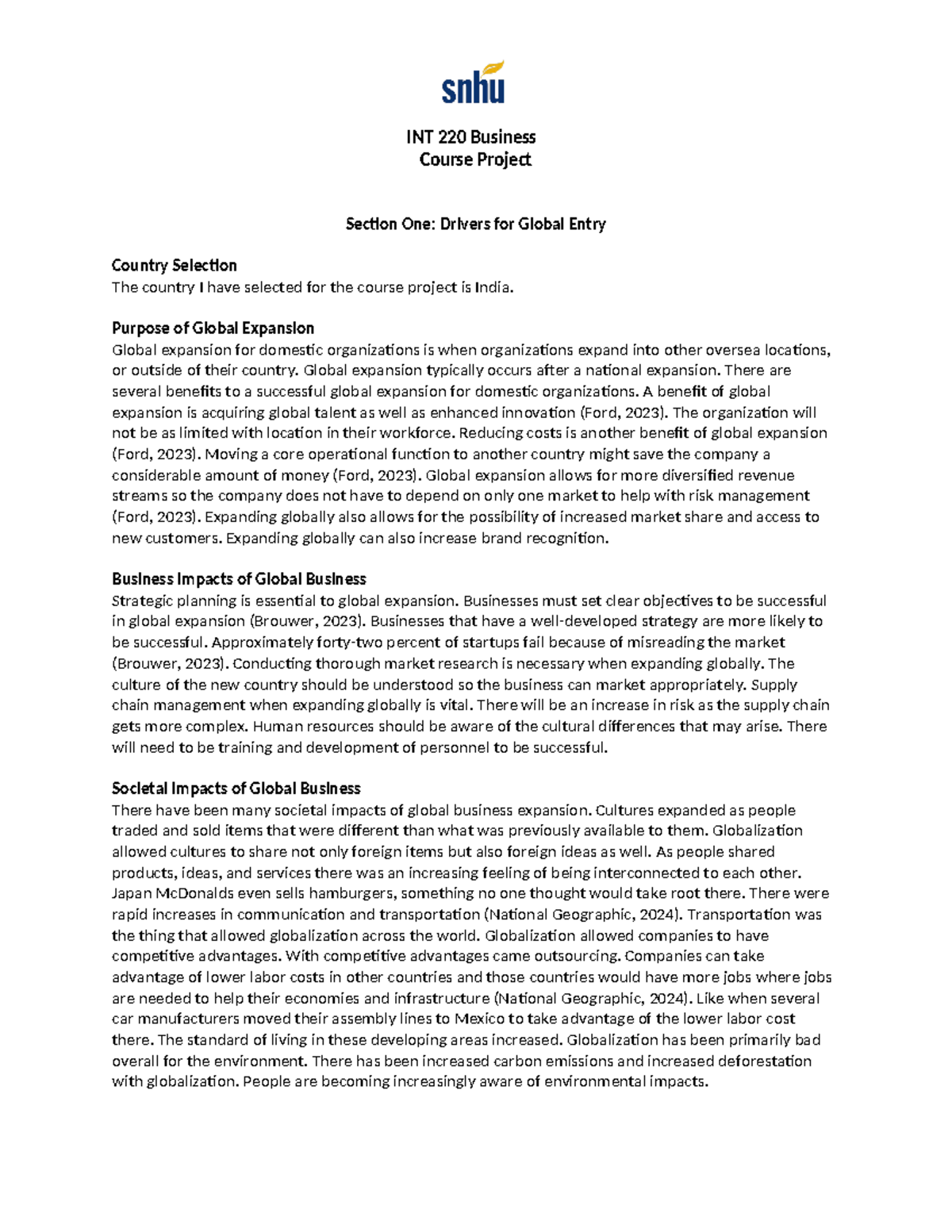 INT 220 Business Brief milestone two - INT 220 Business Course Project ...