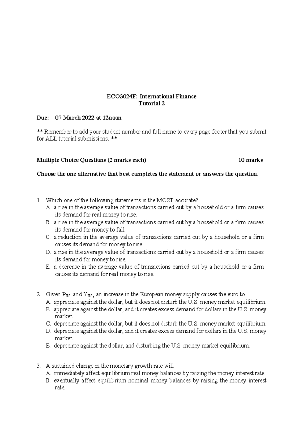 ECO34 - Tut 2 - Tutorial Assignment 2 - ECO3024F: International Finance ...