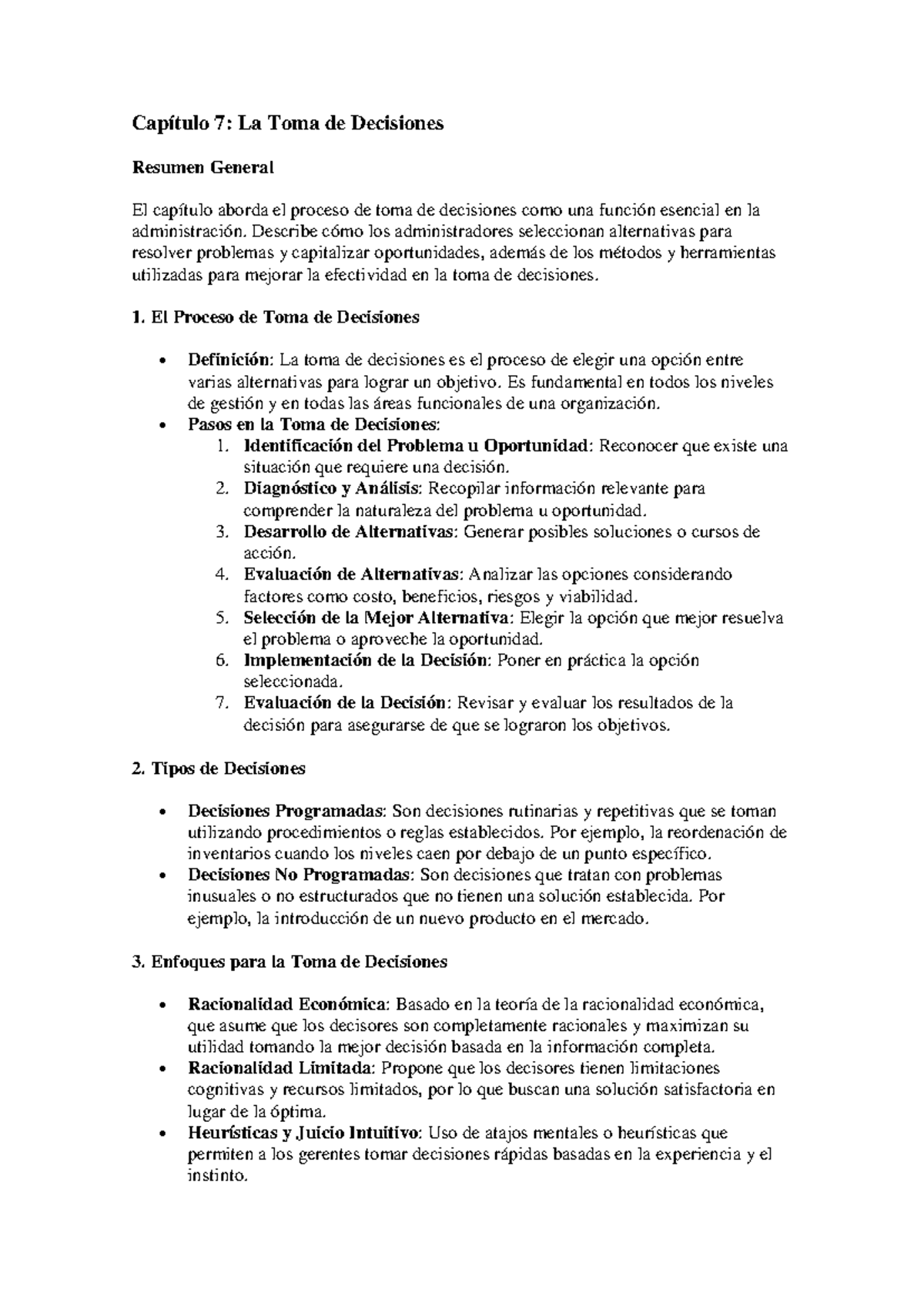 Capítulo 7 resumen Koontz & Weihrich - Capítulo 7: La Toma de ...