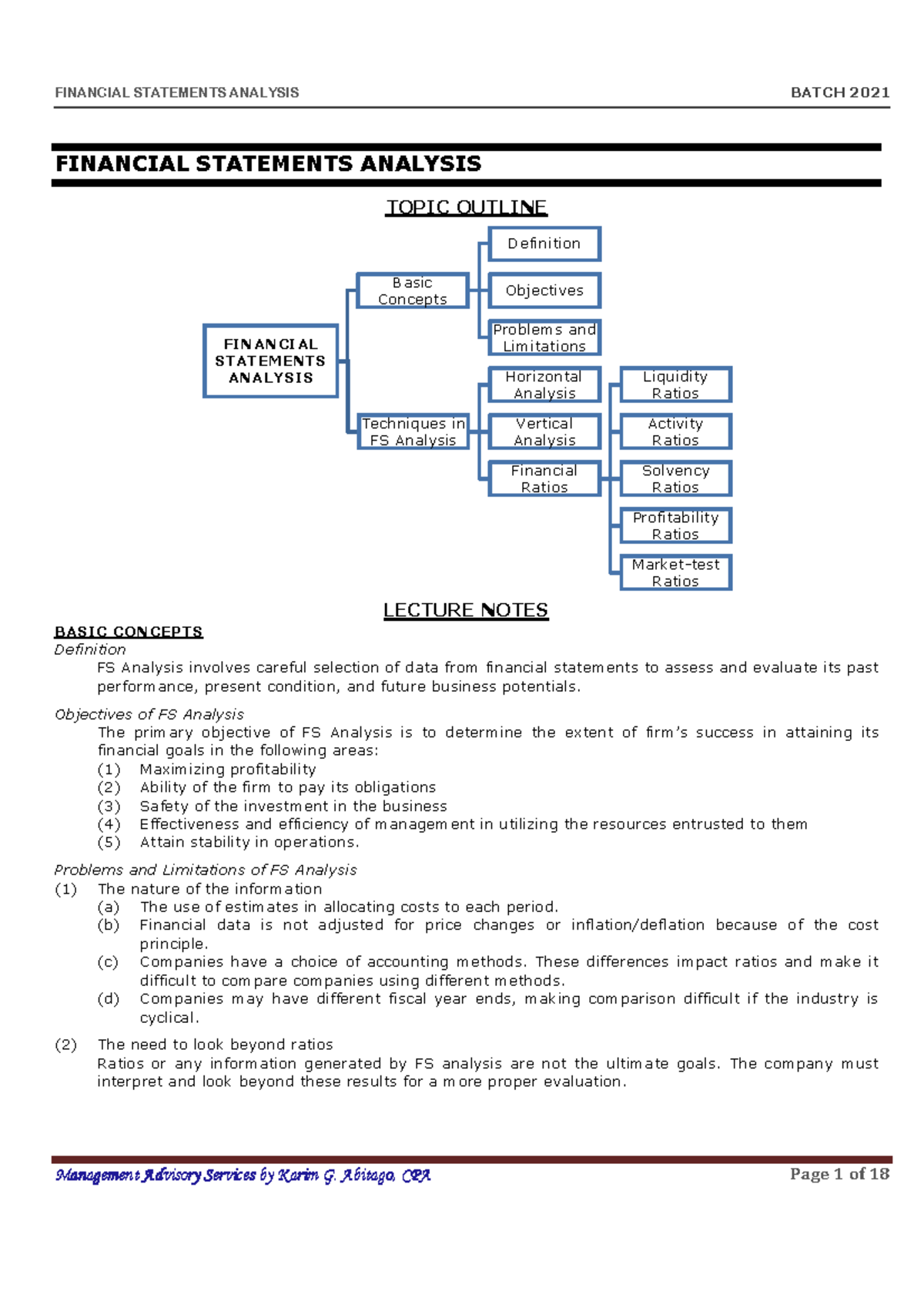 FS- Analysis - none - FINANCIAL STATEMENTS ANALYSIS TOPIC OUTLINE ...