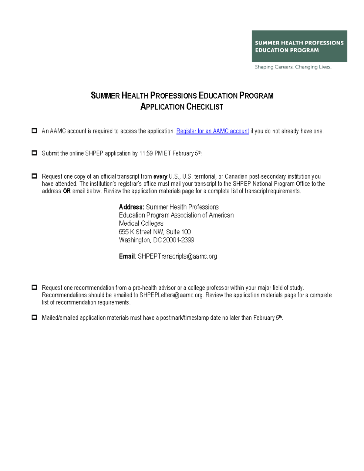 Shpep Application Checklist Final - SUMMER HEALTH PROFESSIONS EDUCATION ...