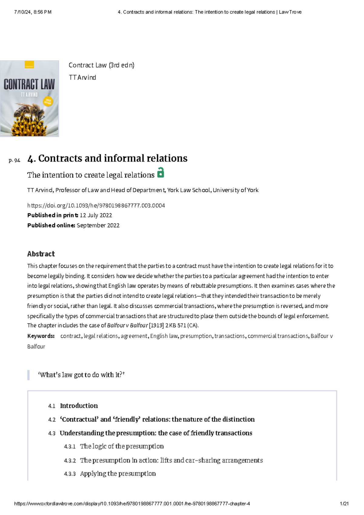 4. Contracts and informal relations The intention to create legal ...