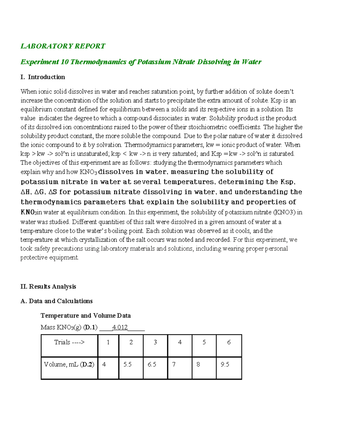 Chem Lab 10 Report - lab 10 - LABORATORY REPORT Experiment 10 ...