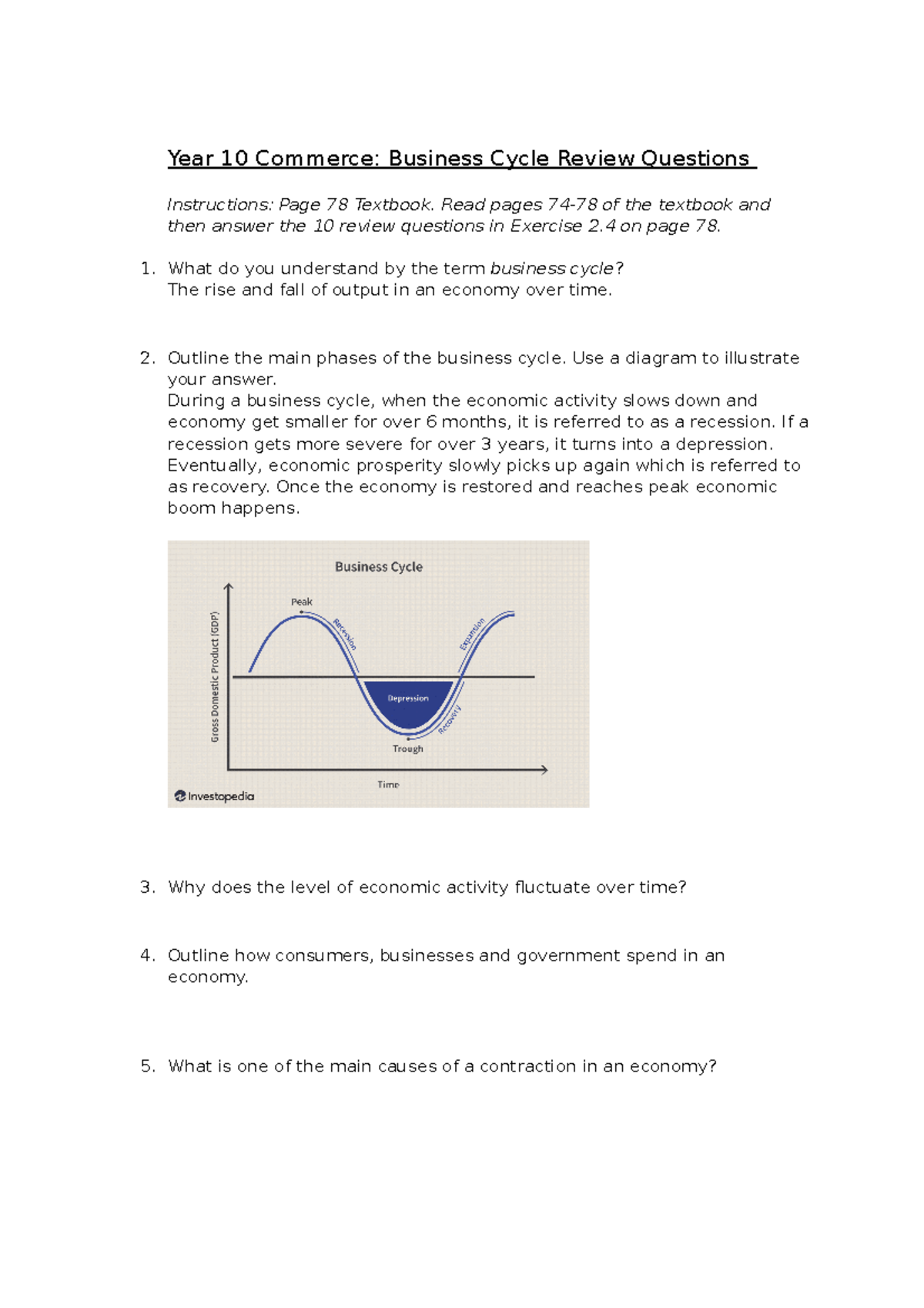 Business Cycle Textbook Questions Student Version - Year 10 Commerce ...
