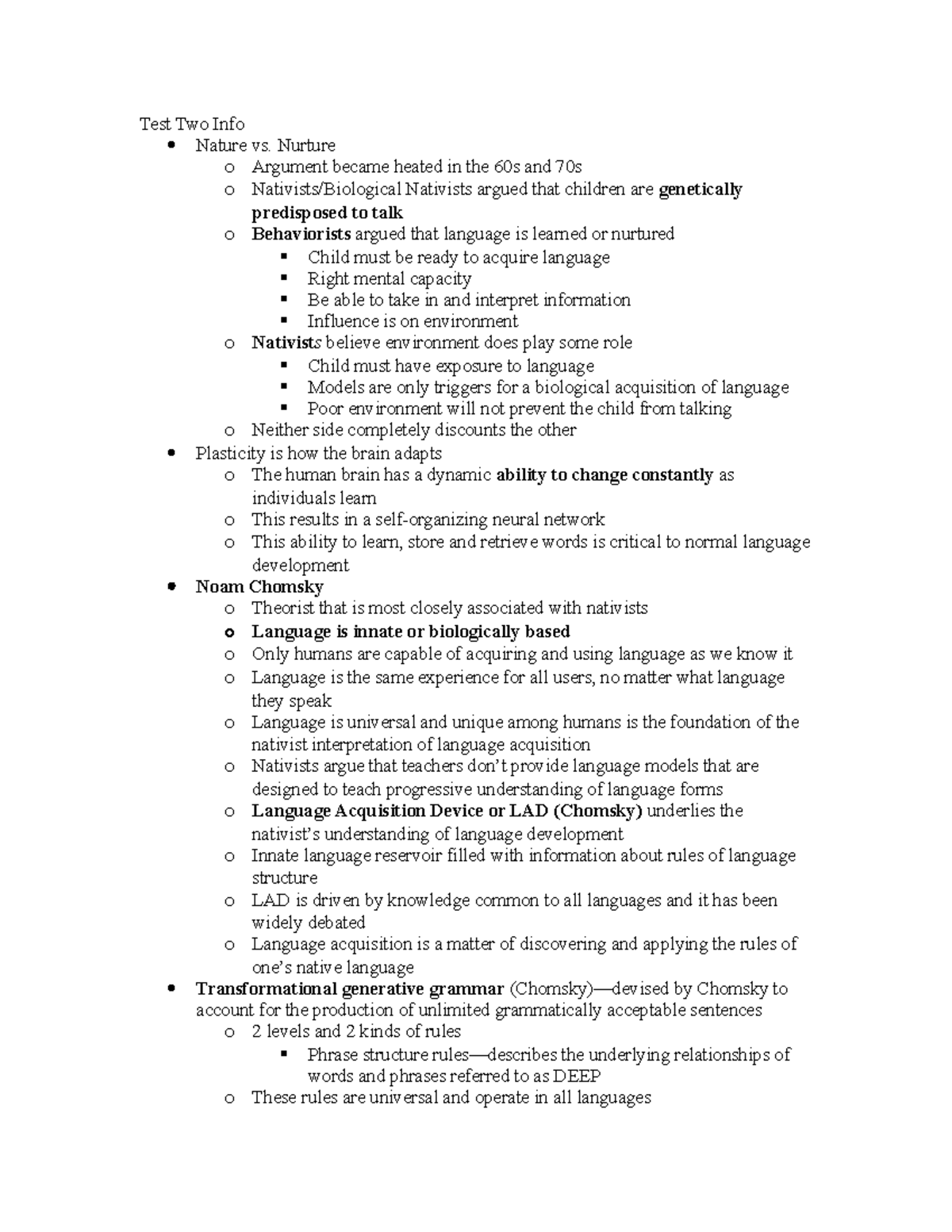 Test Two SG - Summary Language Development - Test Two Info Nature vs ...