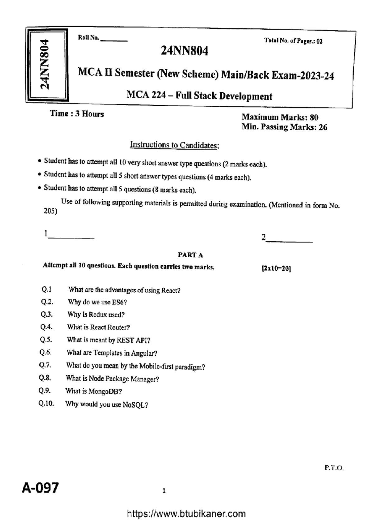 Mca 2 sem full stack development 24nn804 2024 - Roll No. Total No. of Pages.: 02 PHIRNING ...