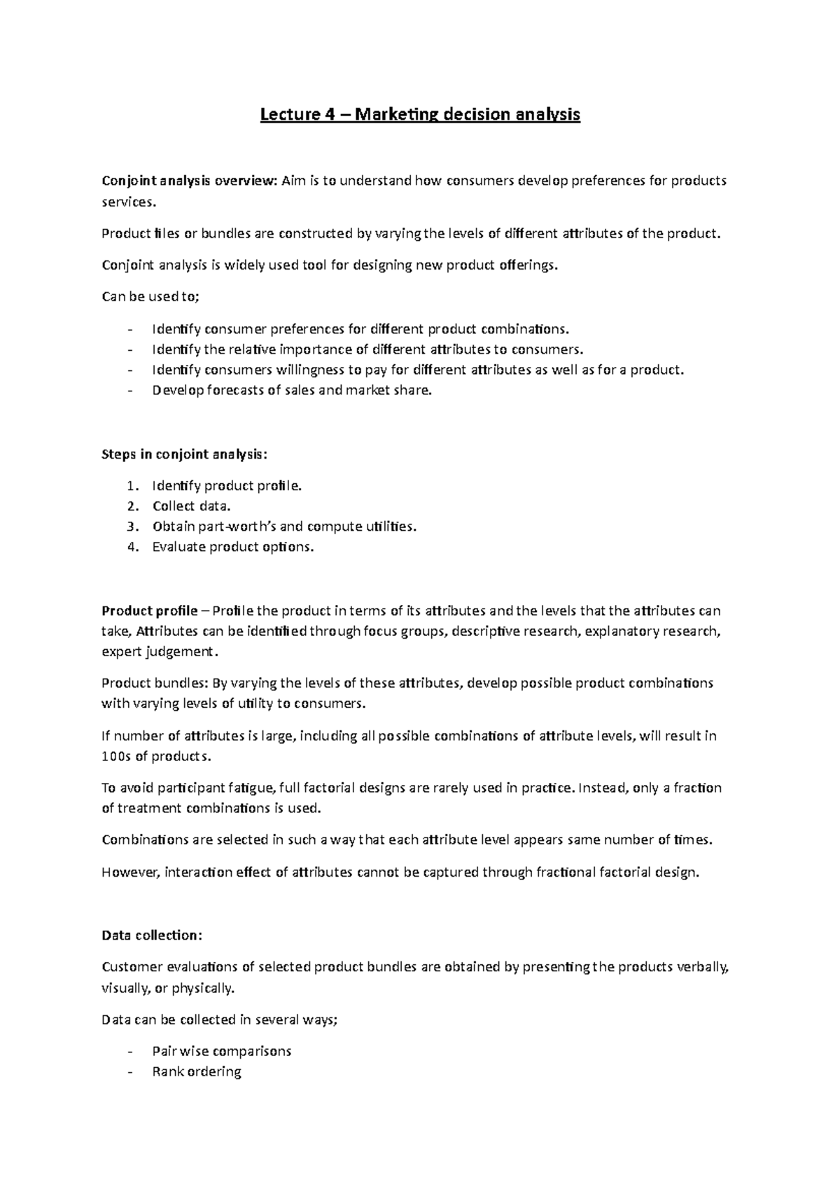 Lecture 4 - Marketing decision analysis - Lecture 4 – Marketing decision analysis Conjoint ...
