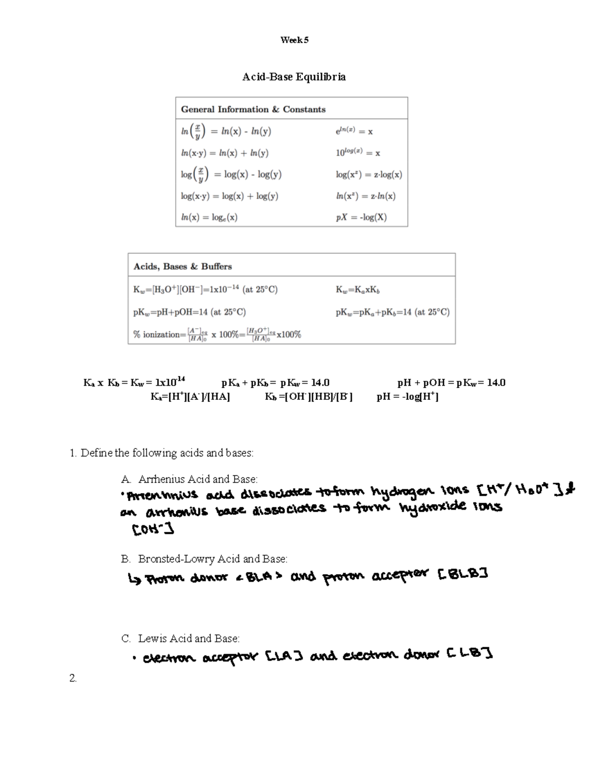 Week 5 Worksheet - Acid-Base Equilibria Ka x Kb = Kw = 1x10-14 pKa ...