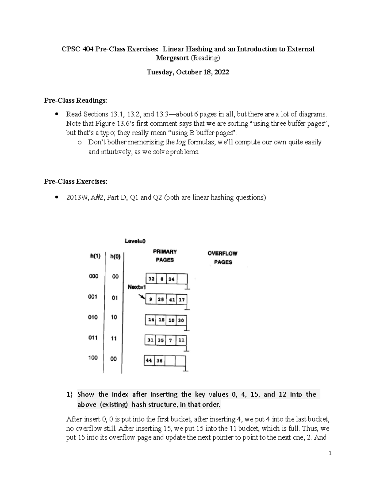 20221018 pre class LH external mergesort - CPSC 404 Pre-Class Exercises: Linear Hashing and an ...