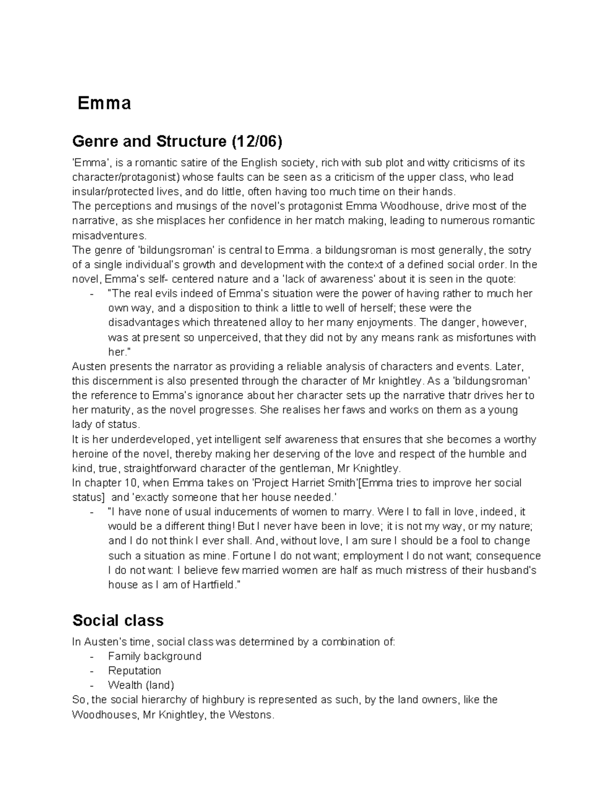 English Emma Notes - Emma Genre and Structure (12/06) ‘Emma’, is a ...