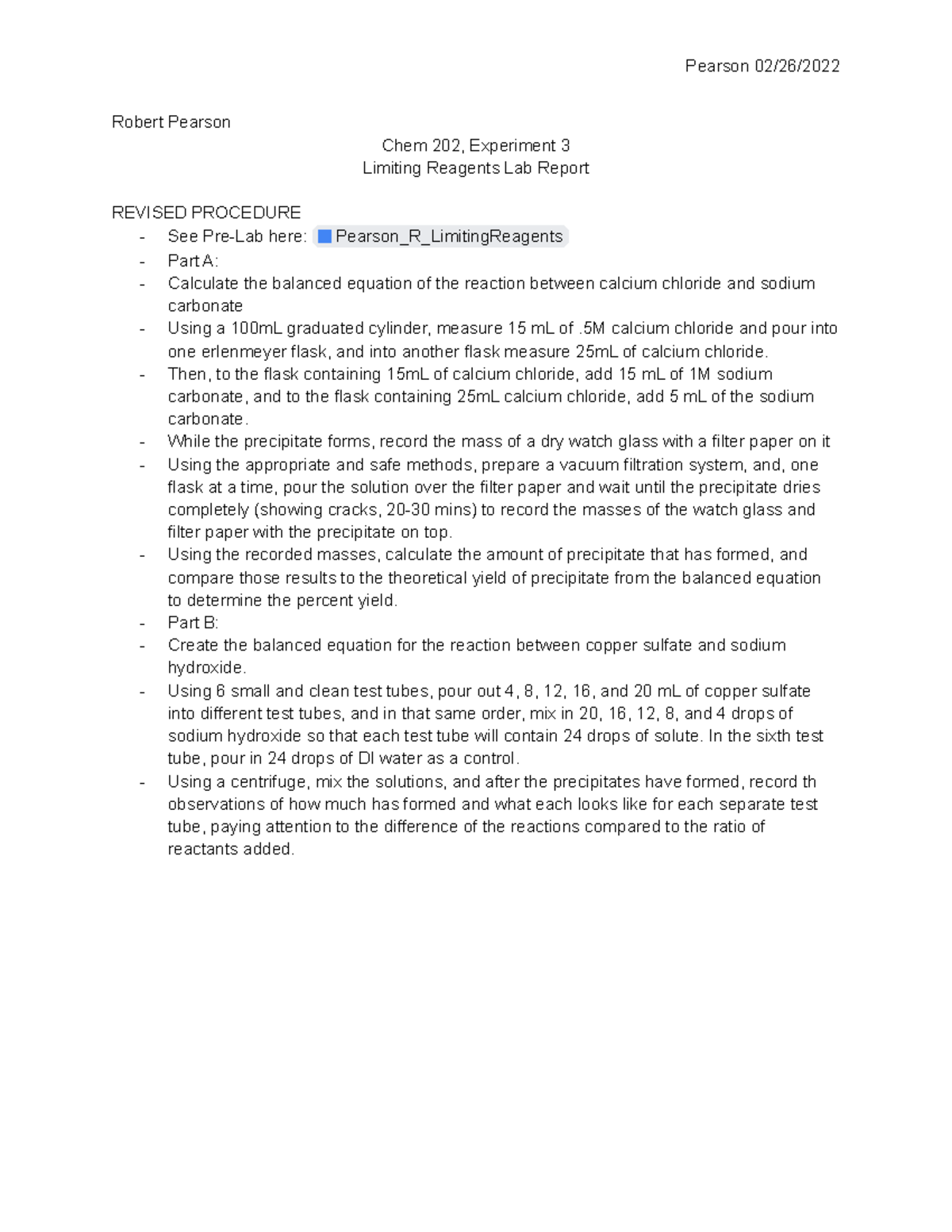 Pearson R Limiting Reagents Lab Report - Robert Pearson Chem 202 ...