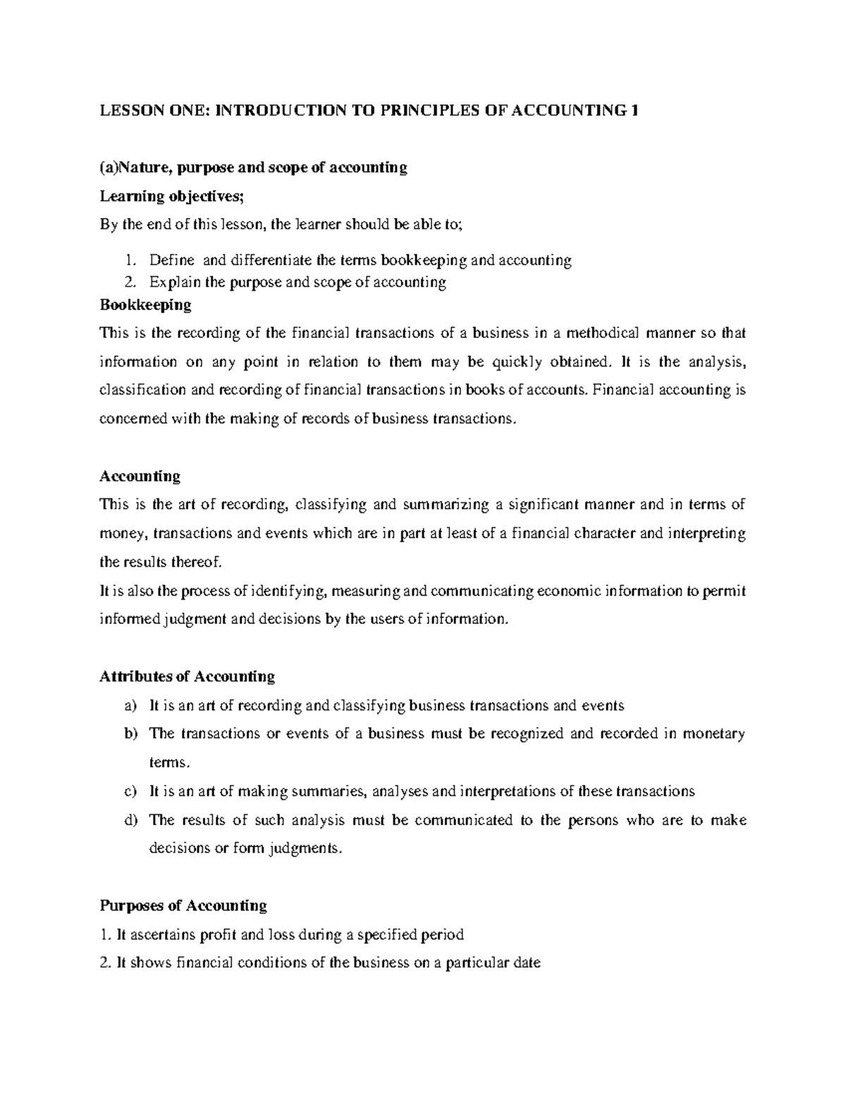 Lesson 001 - LESSON ONE: INTRODUCTION TO PRINCIPLES OF ACCOUNTING 1 (a ...