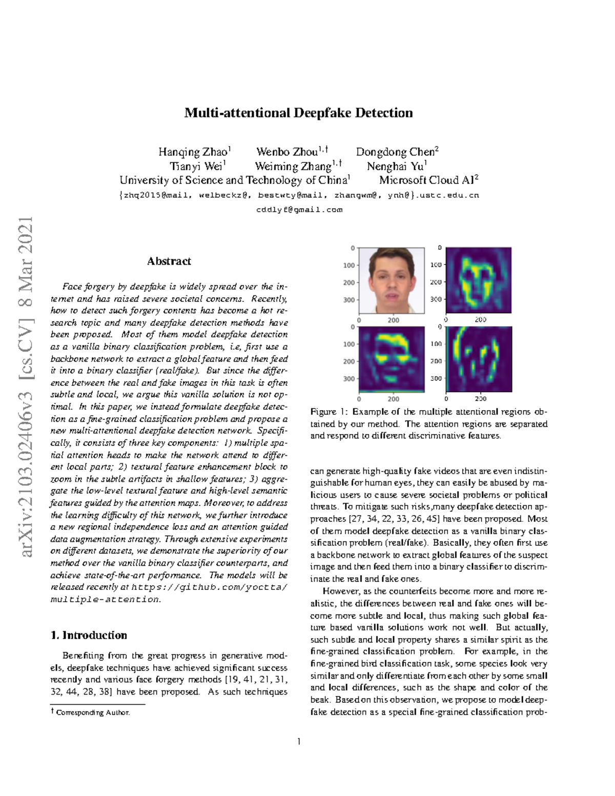 Deepfakes detection - interesante - Multi-attentional Deepfake Detection Hanqing Zhao 1 Wenbo ...