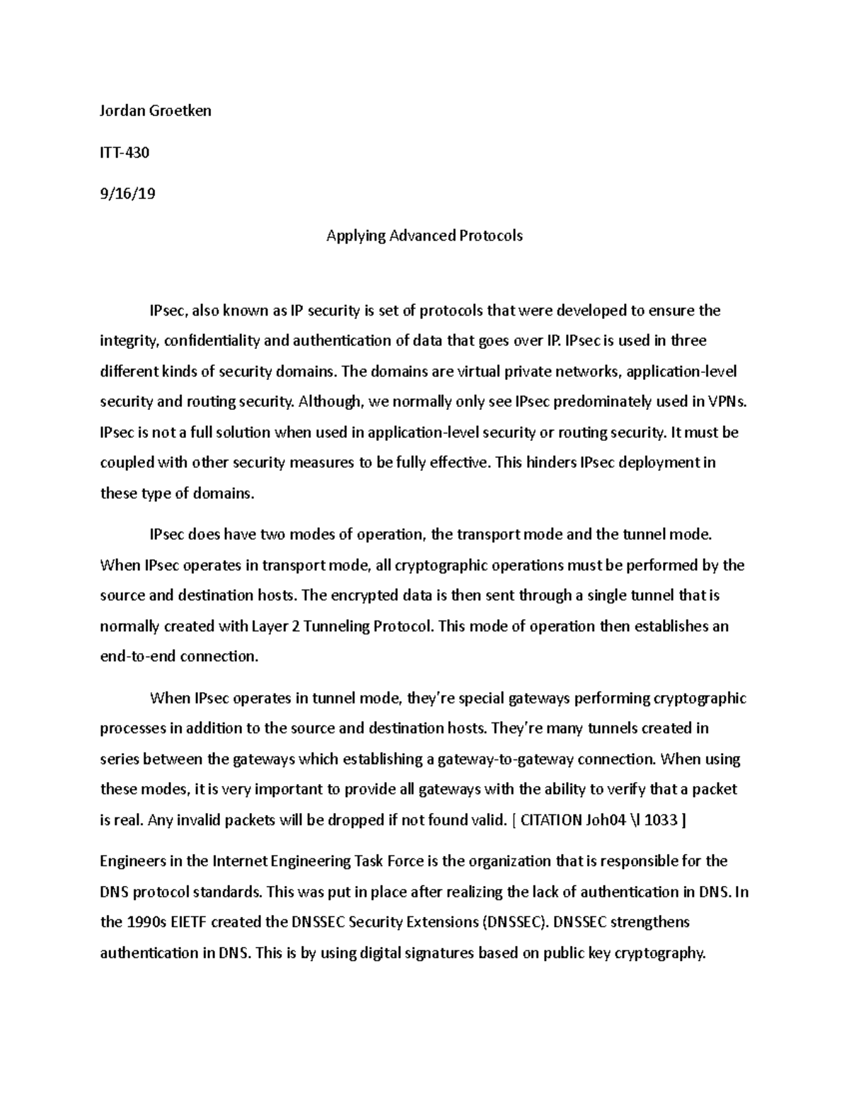 Applying Advanced Protocols - Jordan Groetken ITT- 9/16/ Applying ...