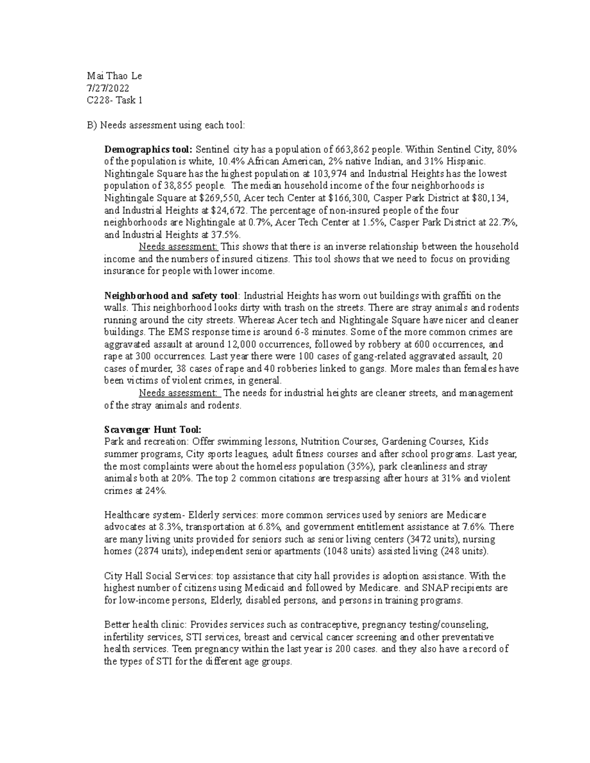 C228 task 1 - task 1 - Mai Thao Le 7/27/ C228- Task 1 B) Needs ...
