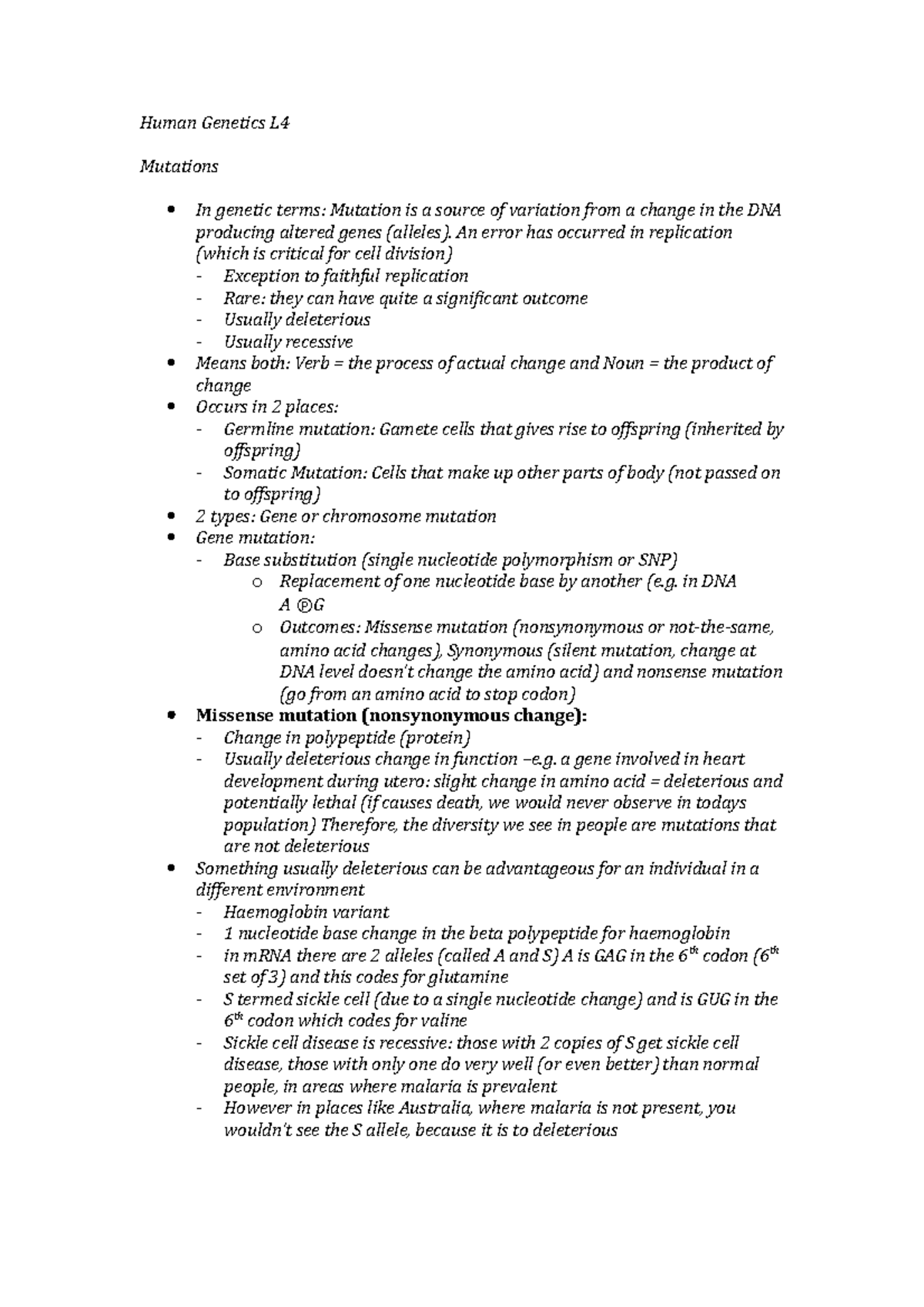 Lecture notes - human genetics - Human Genetics L Mutations In genetic ...