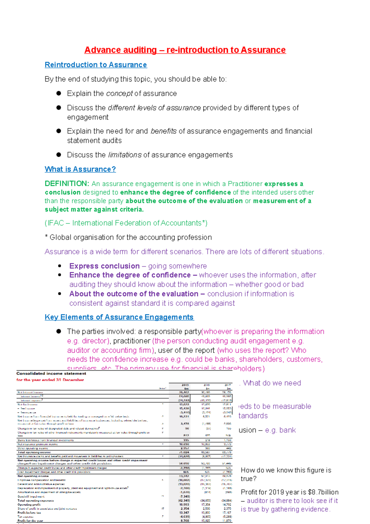 Advance auditing week 1 - Advance auditing – re-introduction to Assurance Reintroduction to ...