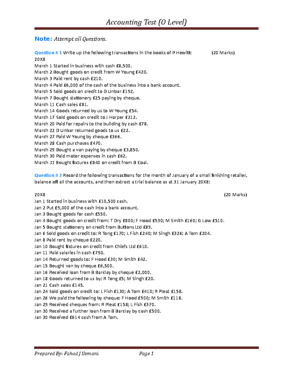 Accounting Test - detail test - Accounting Test (O Level) Note: Attempt ...