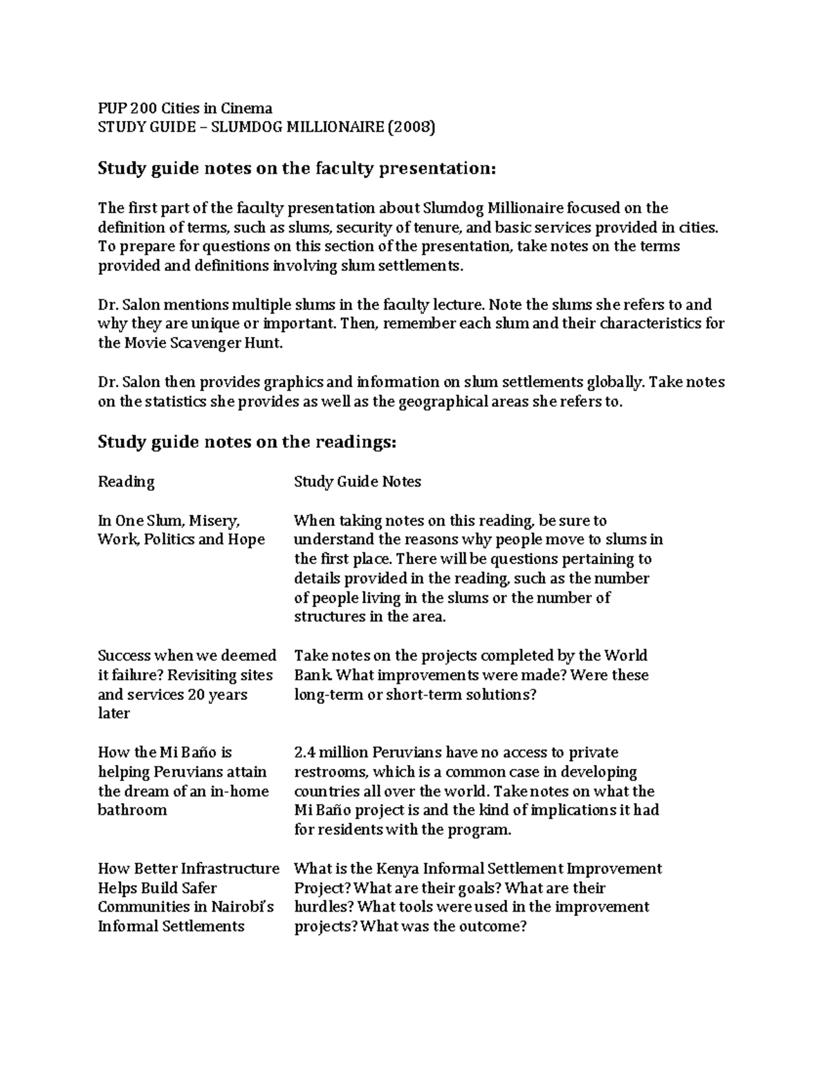 Study Guide Slumdog Millionaire - PUP 200 Cities in Cinema STUDY GUIDE ...