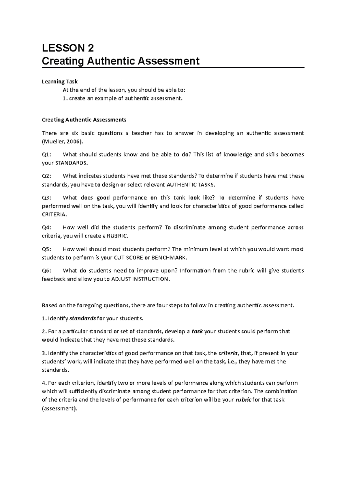 Assessment 2 module 2 2022 - LESSON 2 Creating Authentic Assessment ...