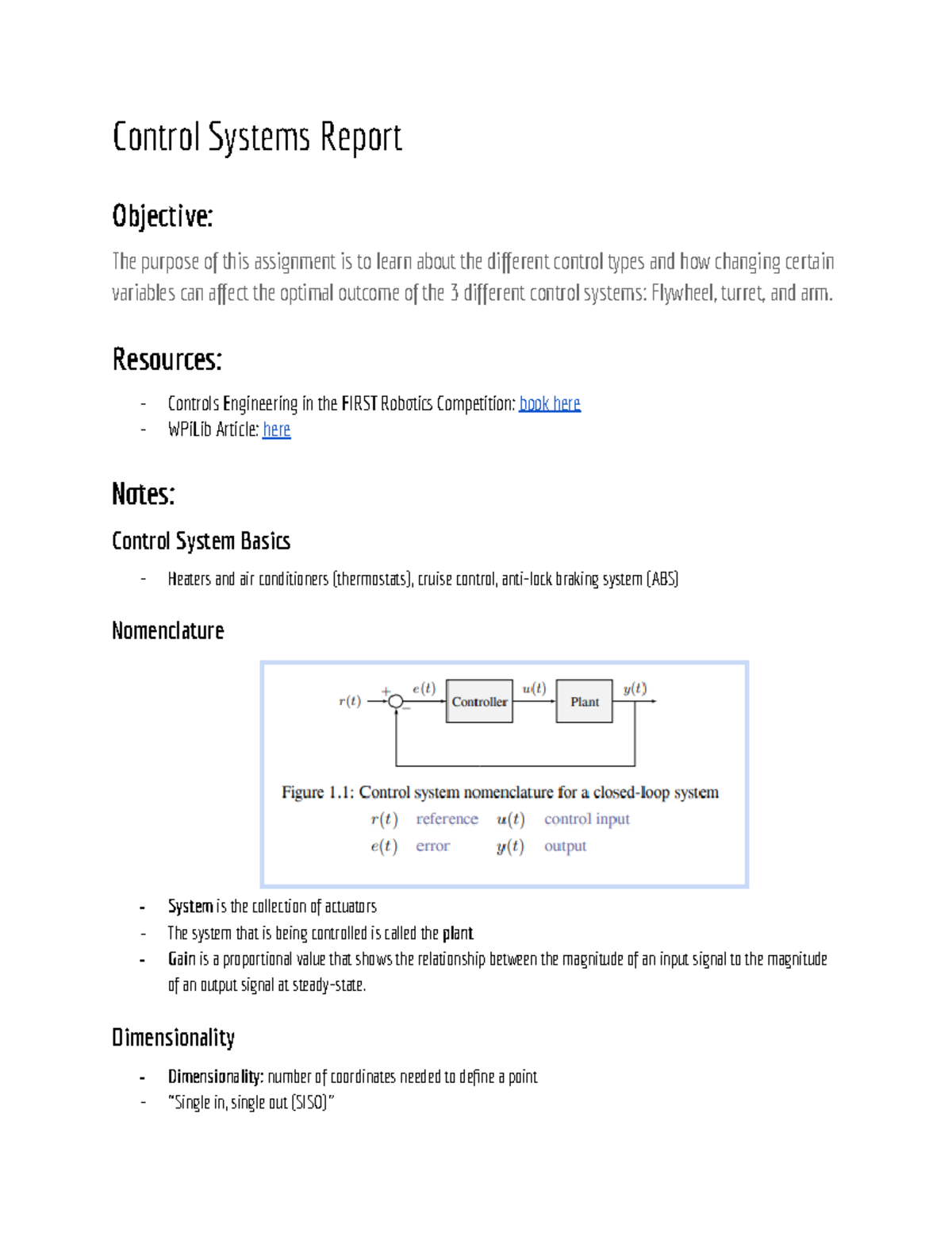 Control Systems Report - Control Systems Report Objective: The purpose ...
