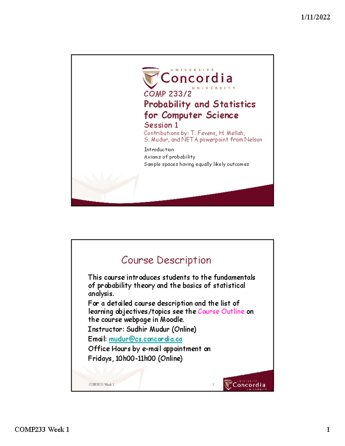 Session 01 - First lecture slides - COMP 233/ Probability and Statistics for Computer Science ...