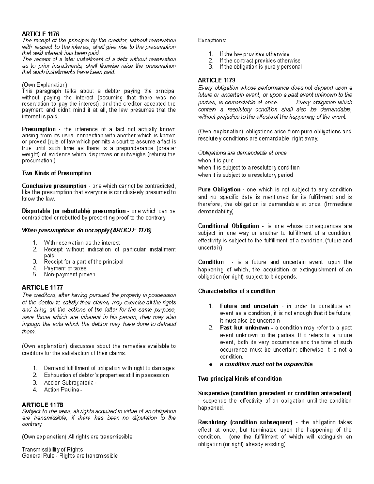 Coblaw 1 Reviewer - Notes - ARTICLE 1176 The receipt of the principal ...