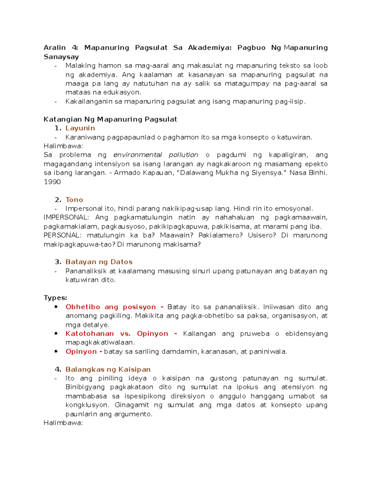 Pagsulat-notes - notes - Aralin 4: Mapanuring Pagsulat Sa Akademiya ...