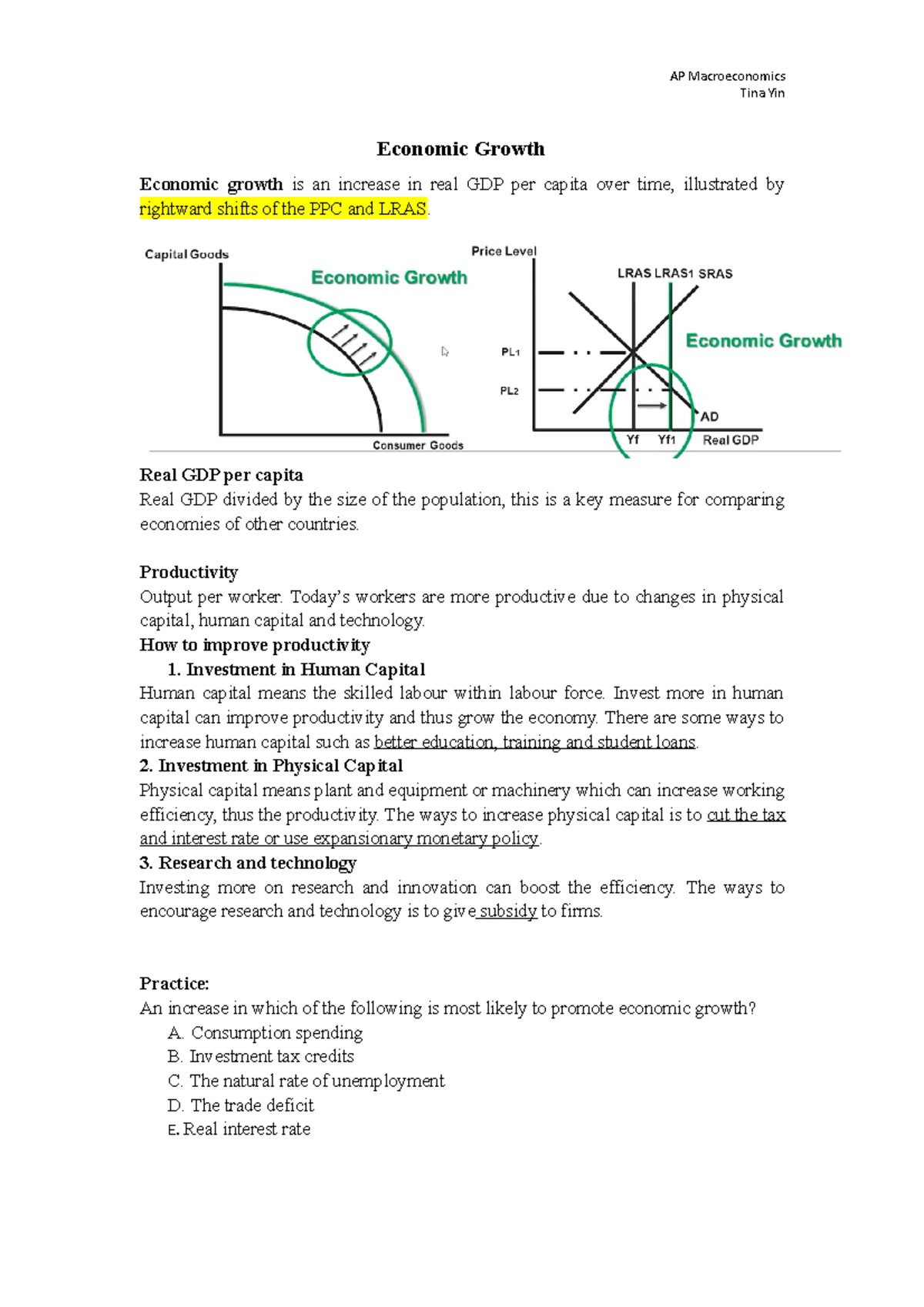 Economic Growth - It is the worksheet of eco. Including lots of ...