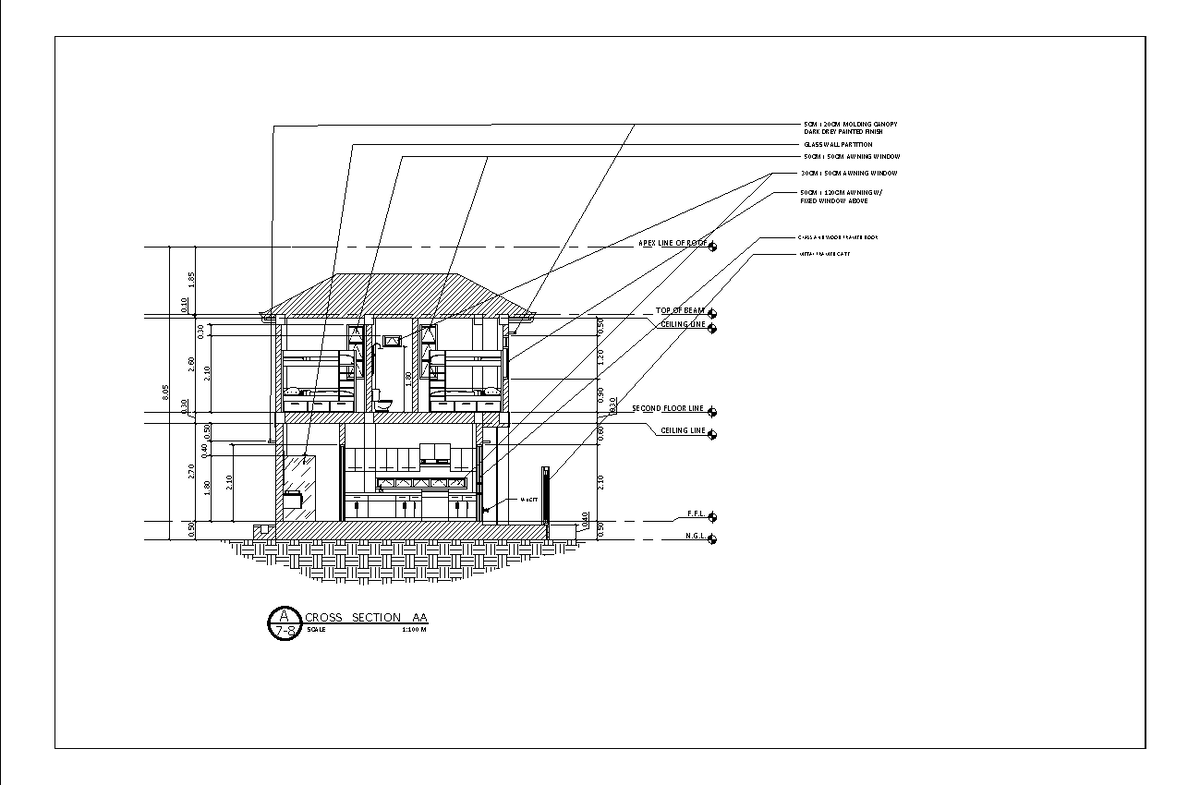 Cross Section AA - APEX LINE OF ROOF TOP OF BEAM CEILING LINE SECOND ...
