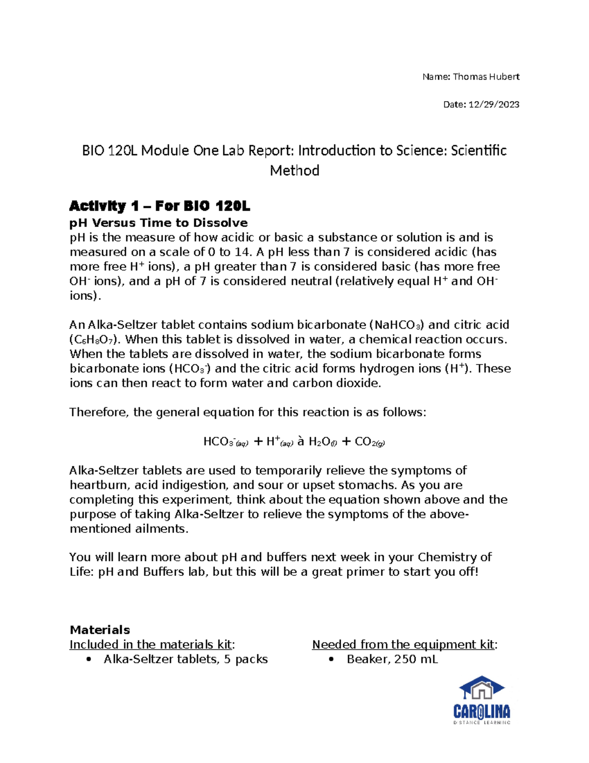 Module 1 Lab Introduction to Science Scientific Method - Name: Thomas ...