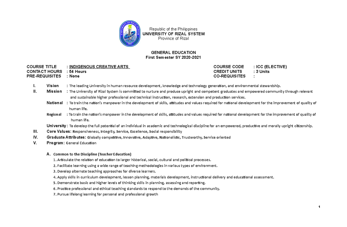 Campugan Indigenous AND Creative ARTS Syllabus - Republic of the ...