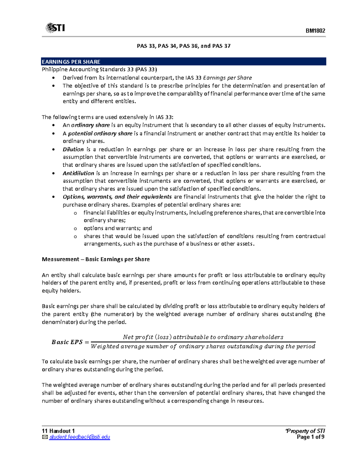 11 Handout 1 - 11 Handout 1 *Property of STI PAS 33, PAS 34, PAS 36 ...