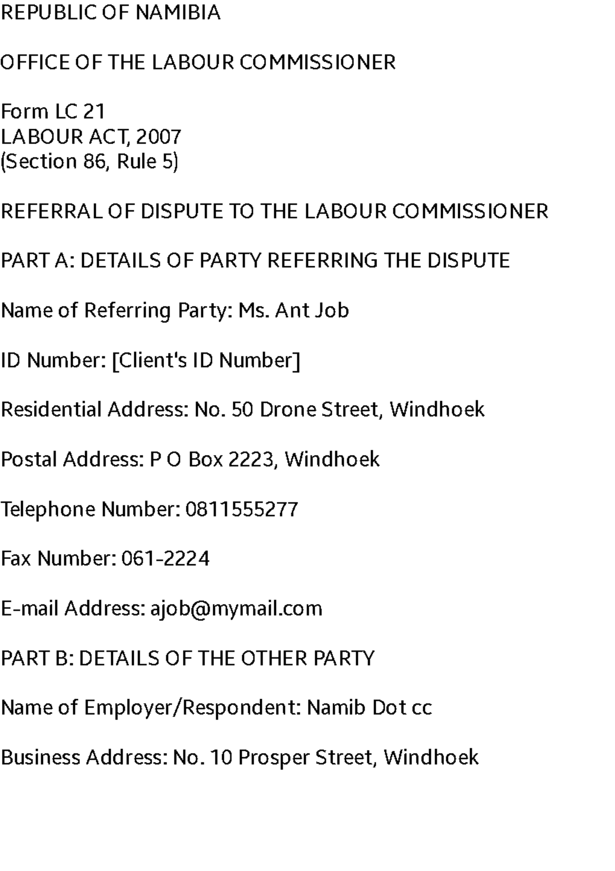 Jtc Labour 2024 - REPUBLIC OF NAMIBIA OFFICE OF THE LABOUR COMMISSIONER ...